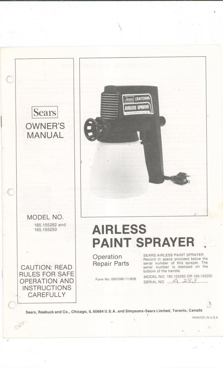 Sears Craftsman Airless Paint Sprayer Model 165 155282 165 155250 ... Sears Craftsman Airless Paint Sprayer Model 165 155282 165 155250 ...