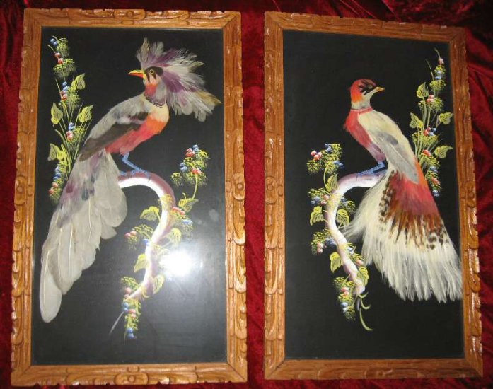 Vintage Mexican Feathercraft Painting Bird Art Picture Aztec