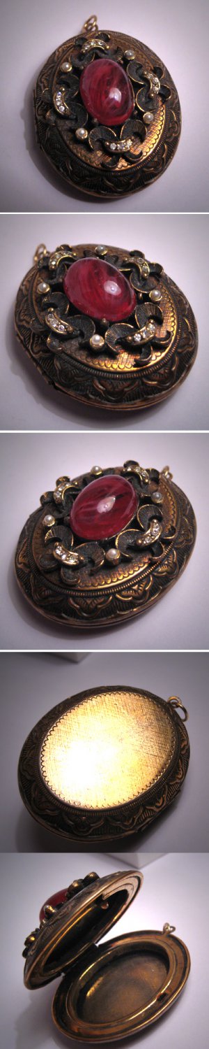 Antique Ruby Pearl Locket Vintage Victorian Large Size