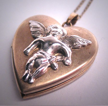 Antique Vintage Angel Locket Necklace Pendant Heart Cherub Retro