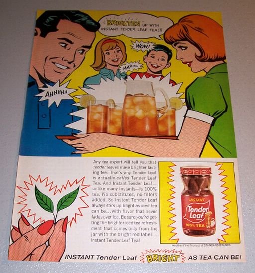 1966 Color Print Ad Instant Tender Leaf Tea Cartoon Art