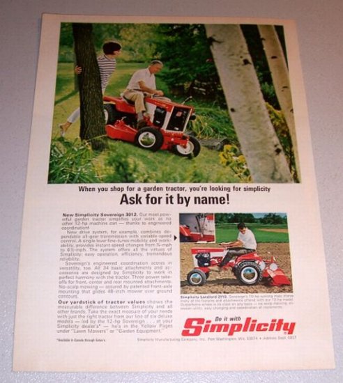 1968 Color Print Ad Simplicity Sovereign 3012 Landlord 2110 Garden Tractors