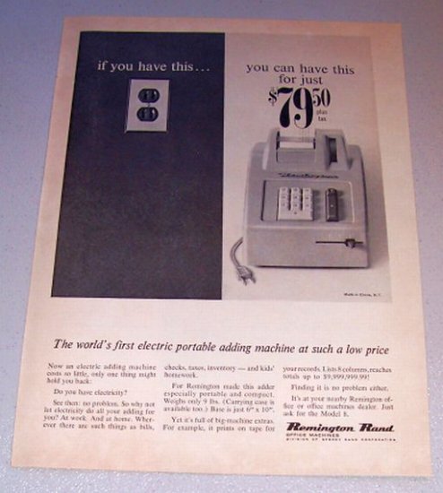 1962 Remington Rand Model 8 Electric Portable Adding Machine Print Ad