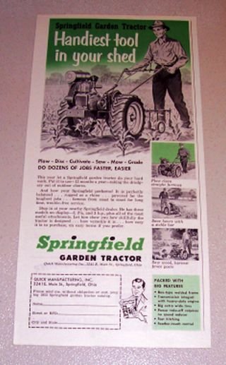 1953 Print Ad Springfield Garden Tractor