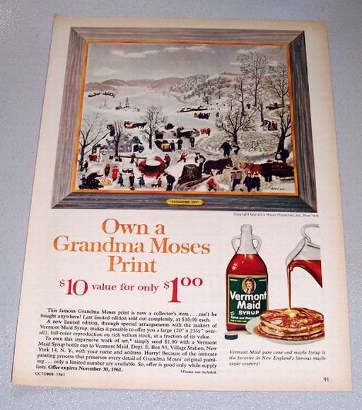 1961 Vermont Maid Syrup Grandma Moses Sugaring Off Print Offer Color ...
