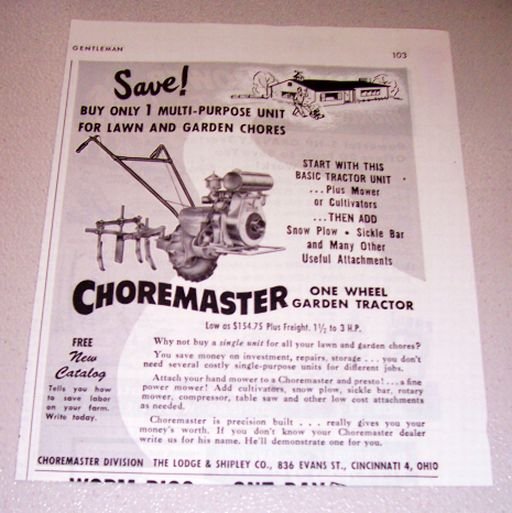 1952 Choremaster One Wheel Garden Tractor Print Ad