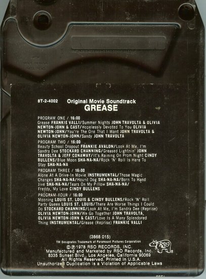 Grease - Motion Picture Soundtrack 8-track tape