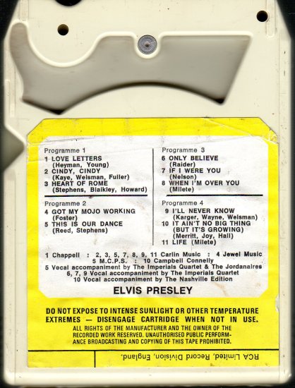 Elvis Presley - Love Letters From Elvis 1971 RCA UK 8-track tape