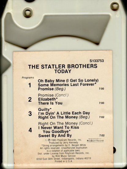 The Statler Brothers Today 8 Track Tape