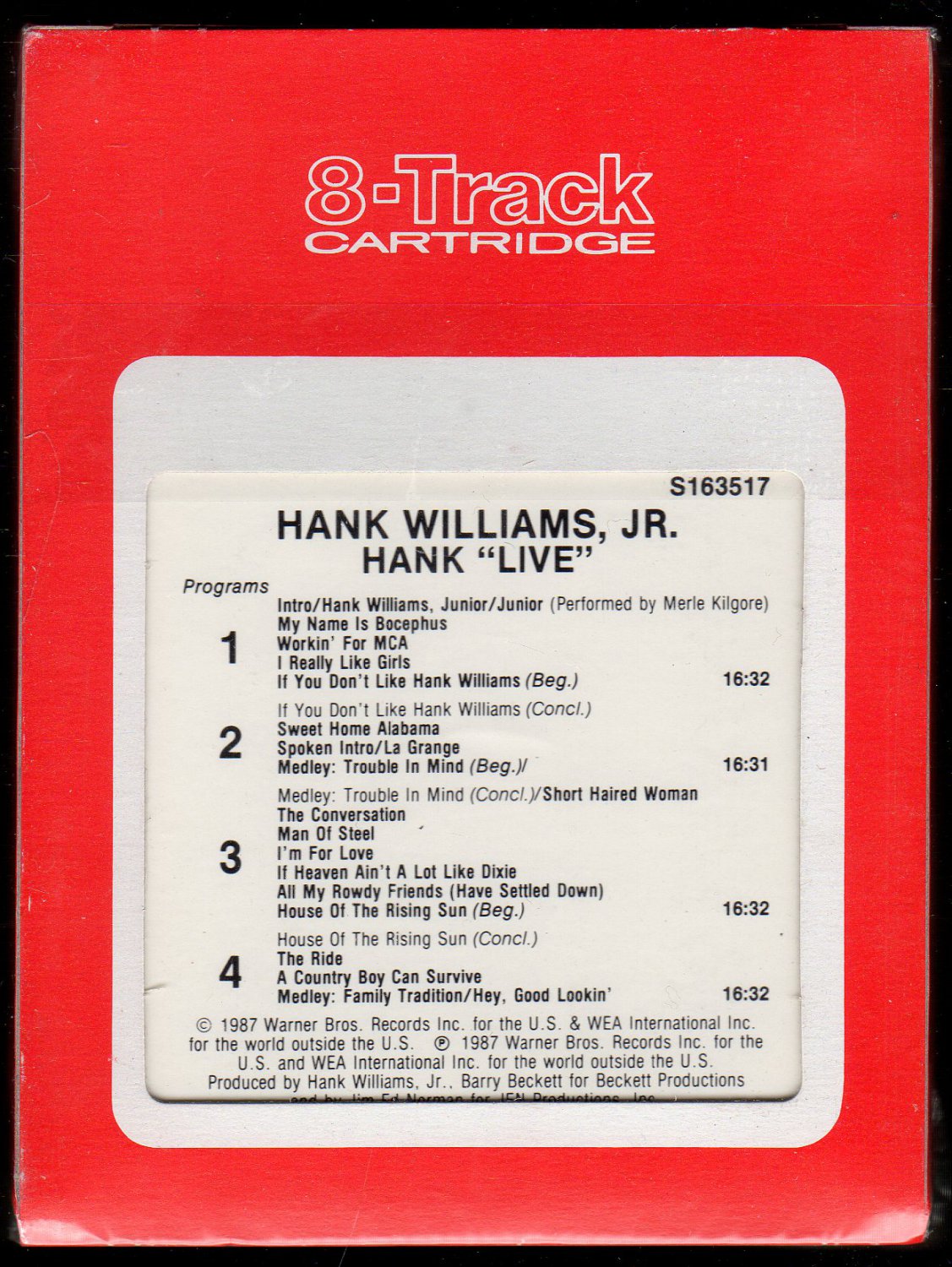 Hank Williams Jr. - Hank "LIVE" 1987 RCA Sealed 8-track tape