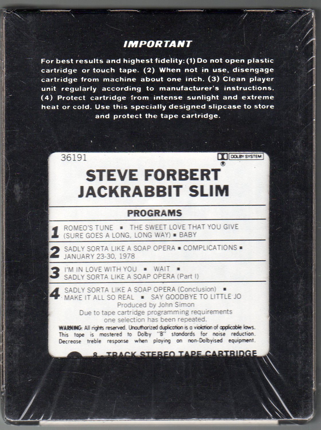 Steve Forbert - Jackrabbit Slim 1979 CRC Sealed 8-track tape