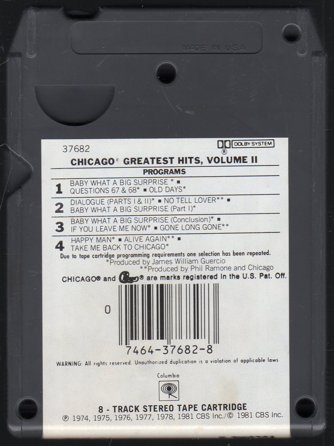 Chicago - Chicago Greatest Hits Vol II 1981 SOLD 8-track tape