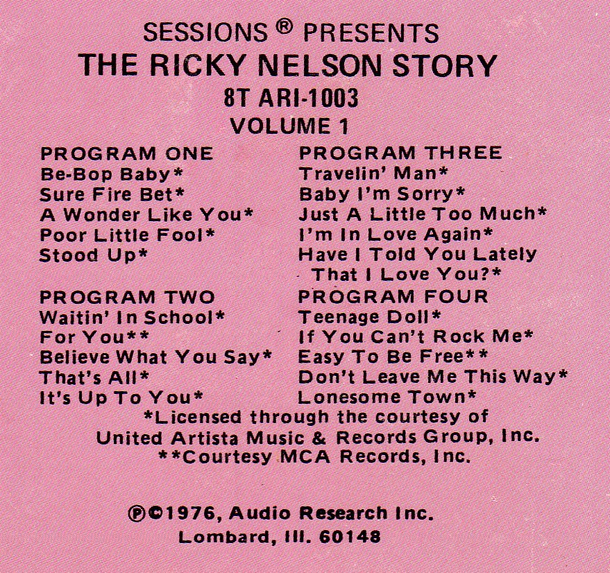 Ricky Nelson - The Ricky Nelson Story Vol 1 & 2 1976 SESSIONS A5 8 ...