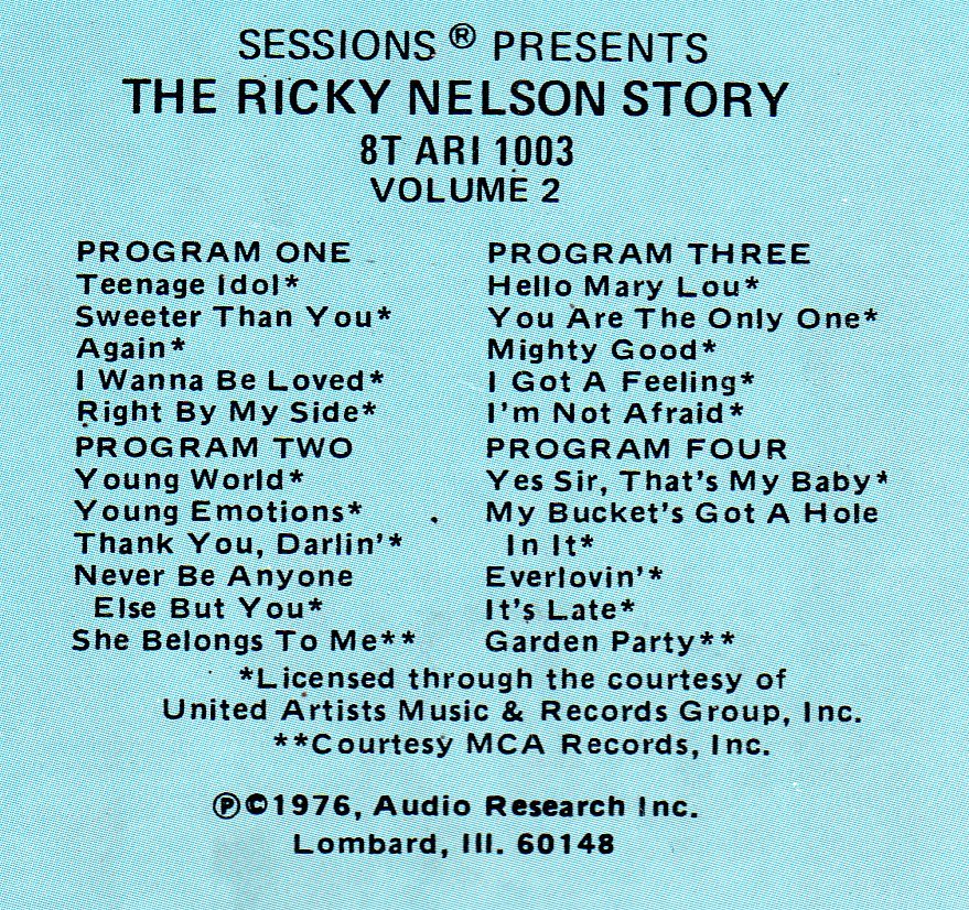 Ricky Nelson - The Ricky Nelson Story Vol 1 & 2 1976 SESSIONS A5 8 ...