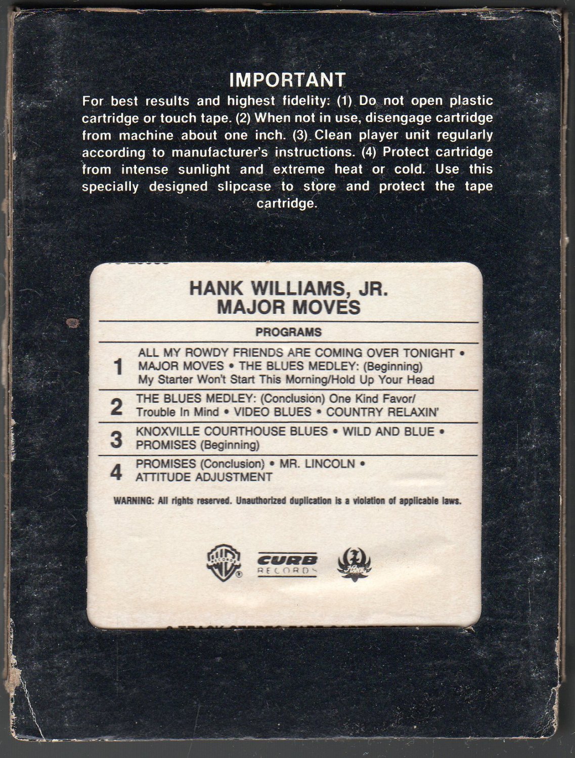Hank Williams Jr. - Major Moves 1984 CRC A30 8-track tape