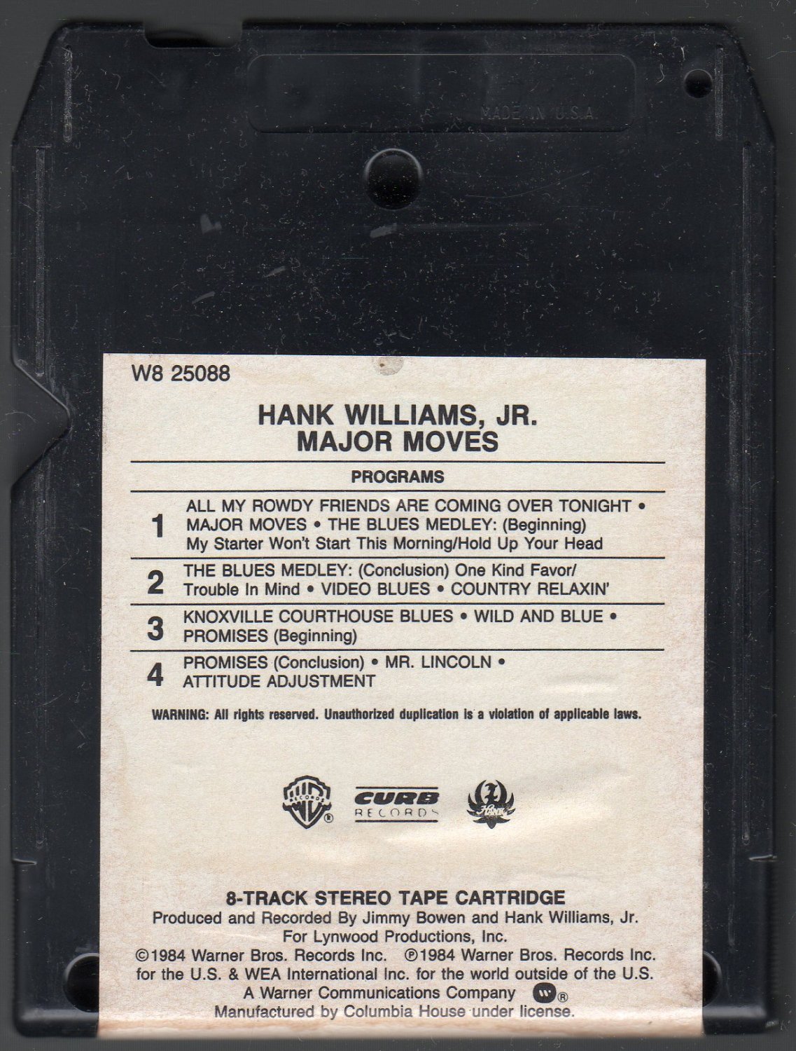 Hank Williams Jr. - Major Moves 1984 CRC A30 8-track tape