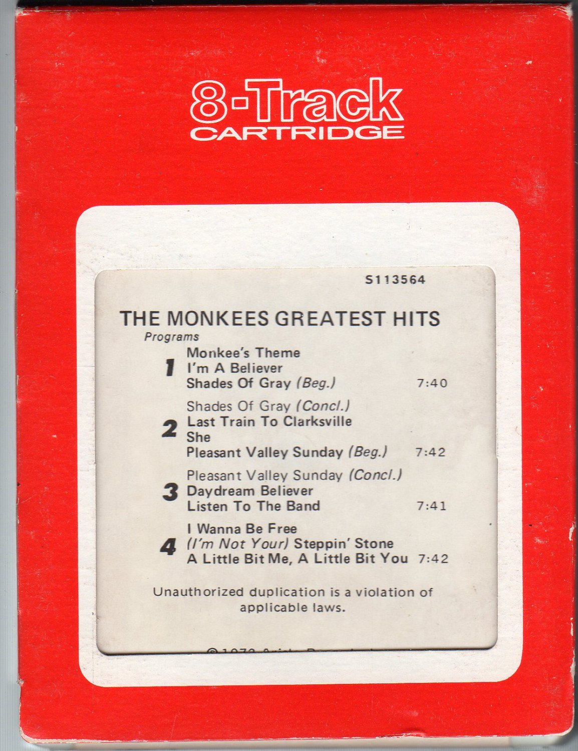 The Monkees - Greatest Hits 1972 RCA ARISTA SOLD 8-track tape