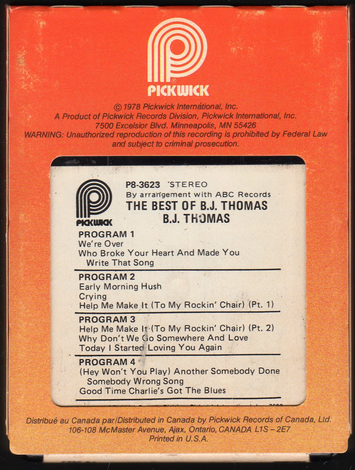 B.J. Thomas - The Best Of B.J. Thomas 1978 PICKWICK A18F 8-track tape