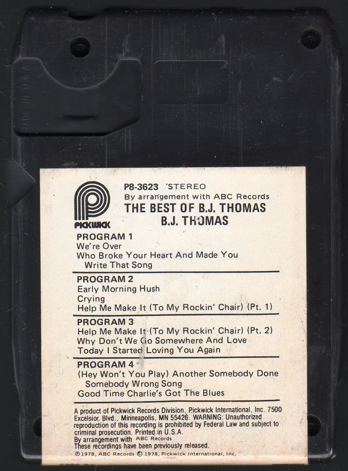 B.J. Thomas - The Best Of B.J. Thomas 1978 PICKWICK A18F 8-track tape