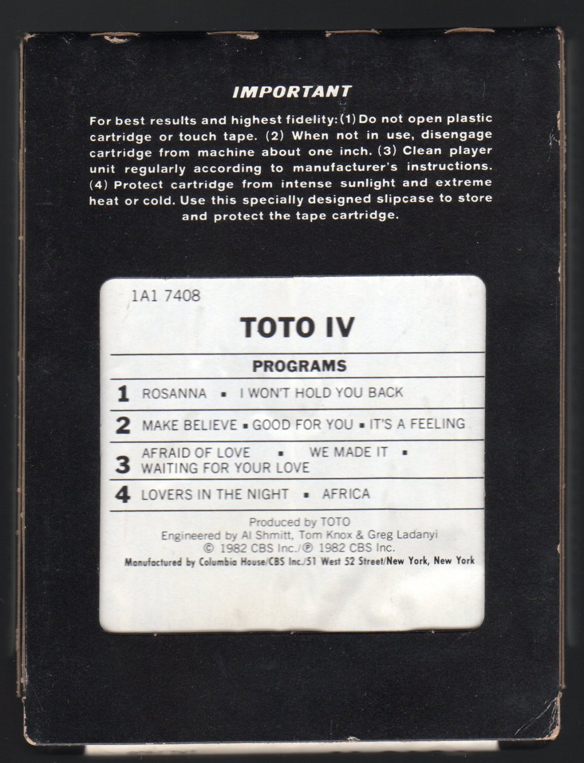 Toto - Toto IV 1982 CRC A16 8-TRACK TAPE