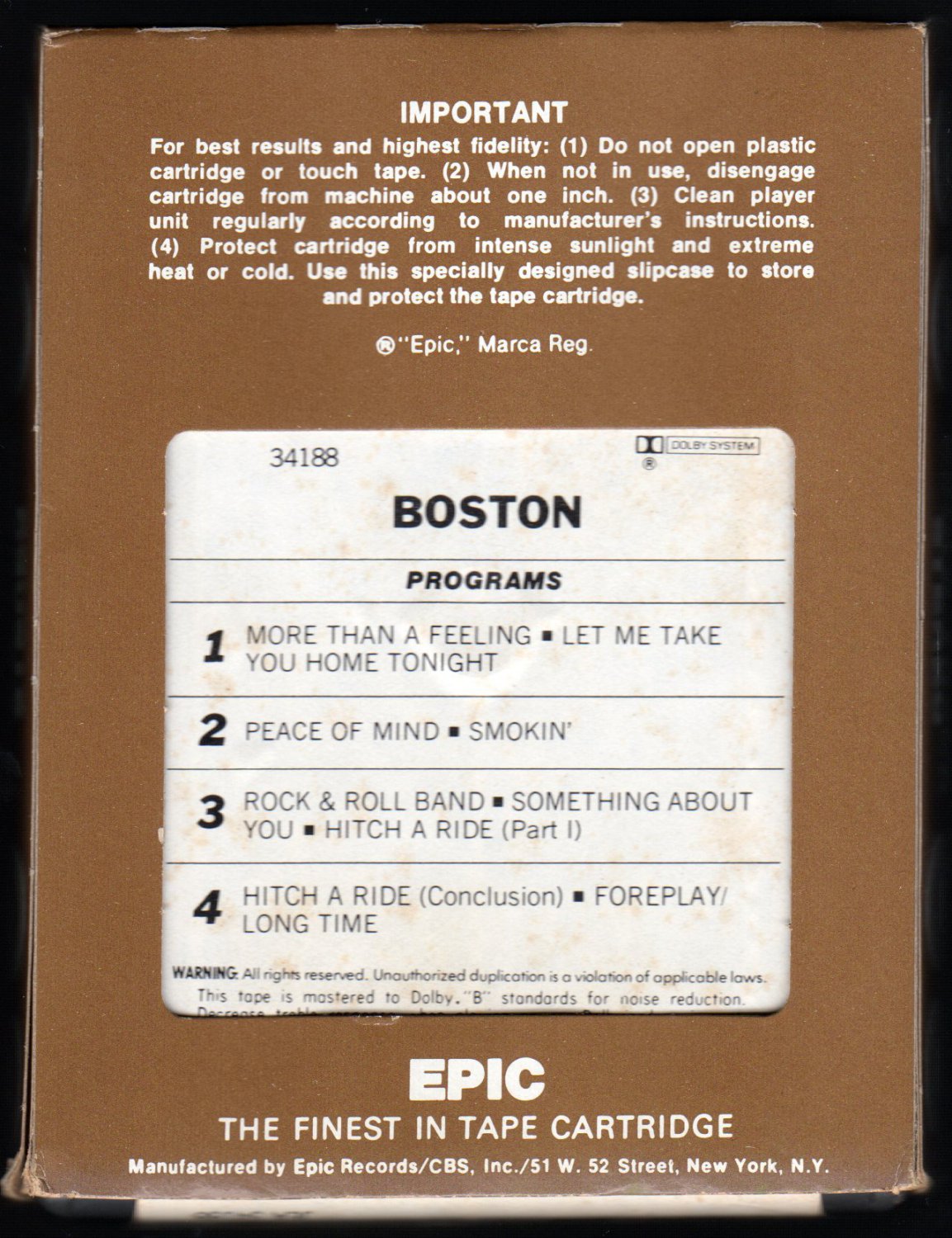 Boston - Boston 1976 Debut EPIC A17B 8-TRACK TAPE