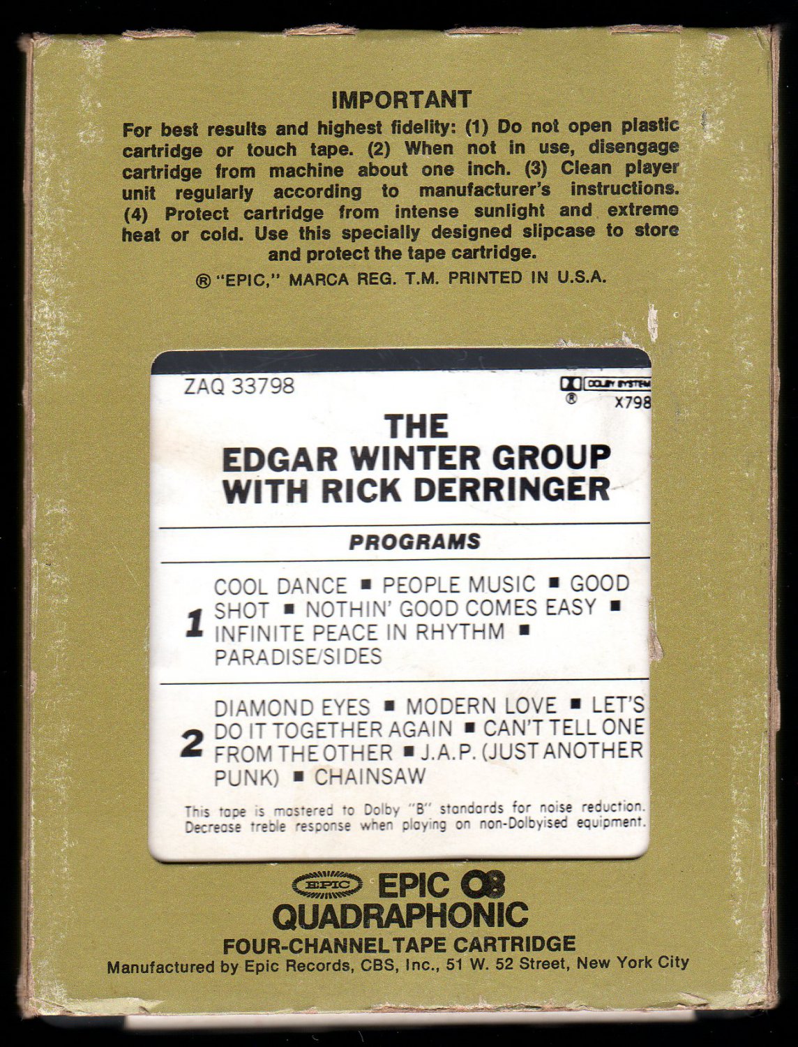 Edgar Winter Group - With Rick Derringer 1975 EPIC Quadraphonic A23 8-TRACK TAPE