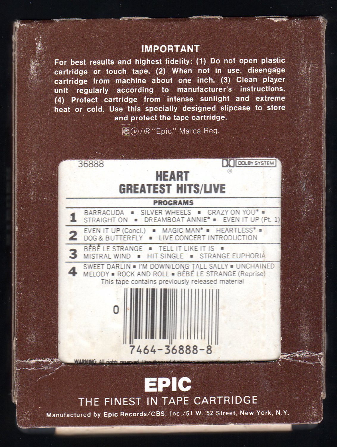 Heart - Greatest Hits Live 1980 EPIC A15 8-TRACK TAPE