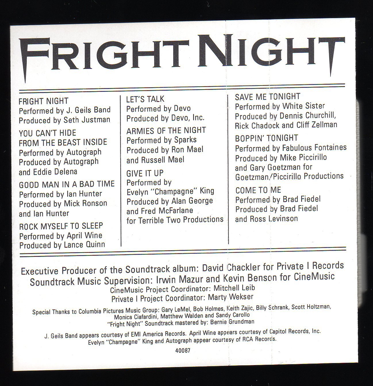 Fright Night - Original Motion Picture Soundtrack 1985 CBS C7 CASSETTE TAPE
