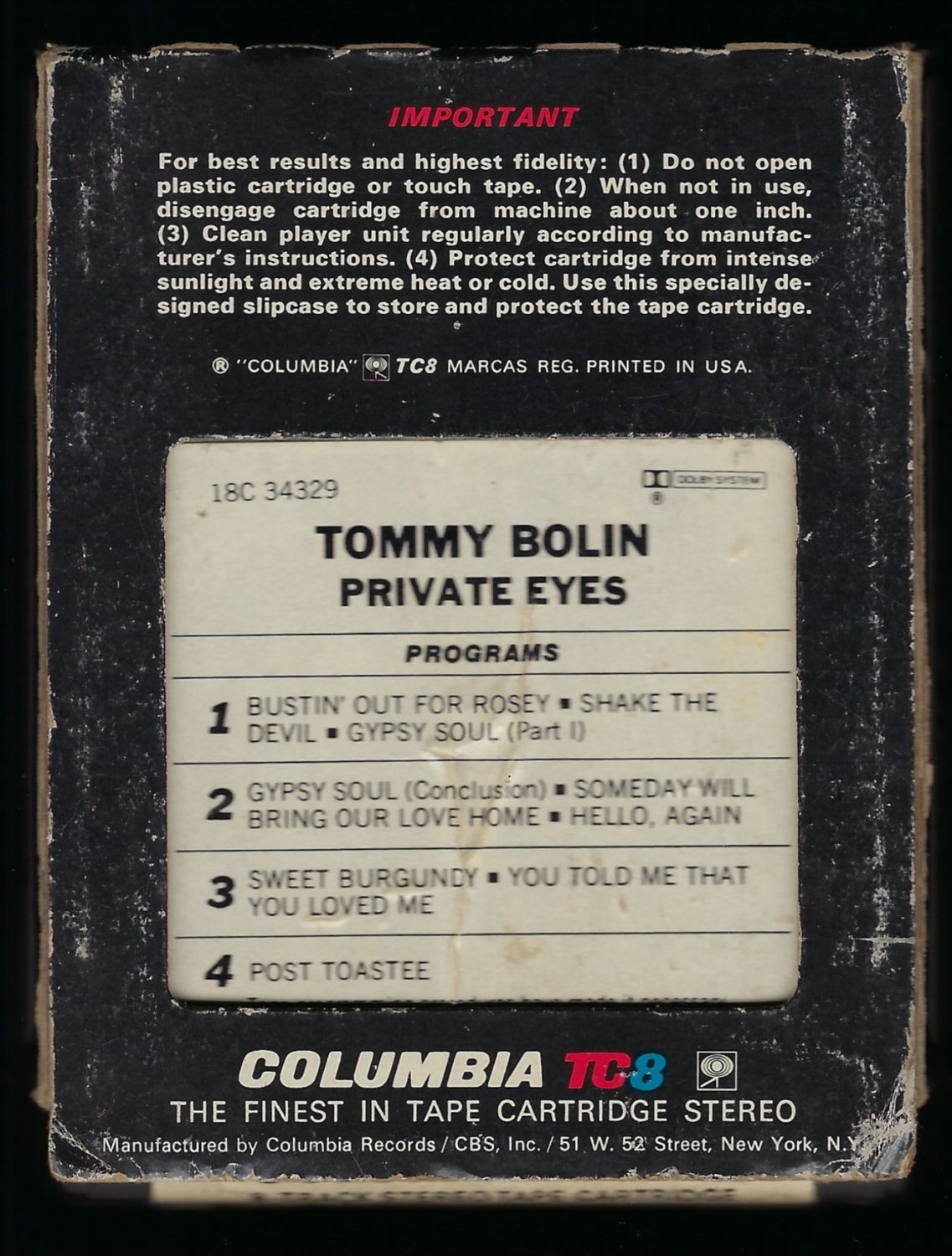 Tommy Bolin - Private Eyes 1976 CBS T9 8-TRACK TAPE