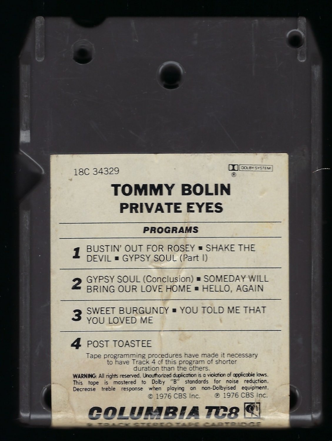 Tommy Bolin - Private Eyes 1976 CBS T9 8-TRACK TAPE