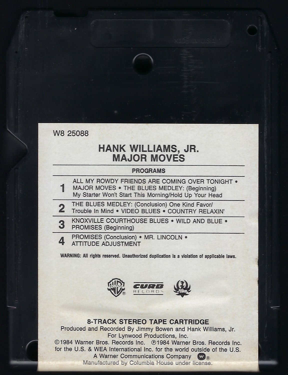 Hank Williams Jr. - Major Moves 1984 CRC T11 8-TRACK TAPE