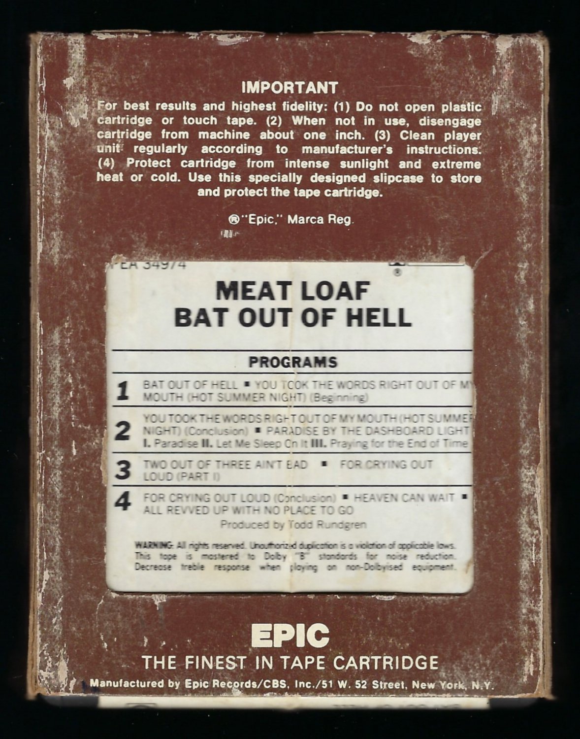 Meat Loaf - Bat Out Of Hell 1977 EPIC T10 8-TRACK TAPE