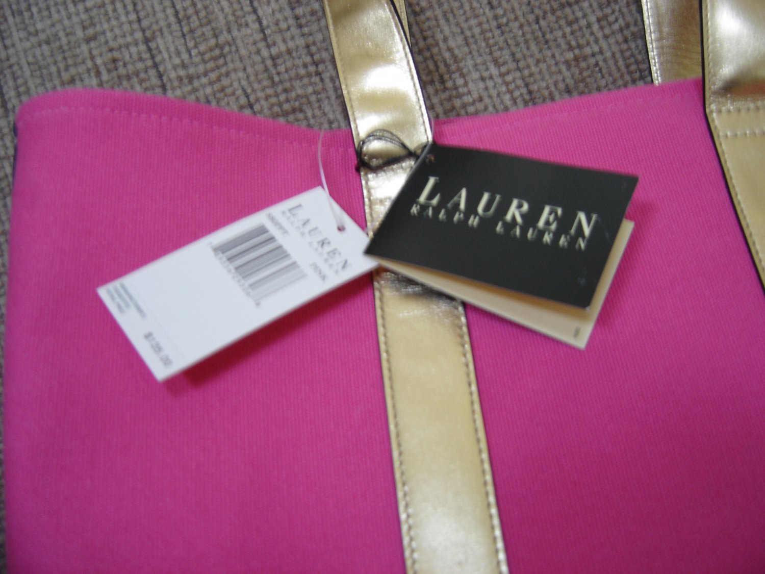 RALPH LAUREN TOTE/HAND BAG/SHOPPER - HOT PINK CANVAS & GOLD LEATHER ...