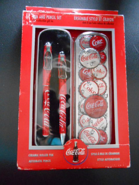VINTAGE COCA-COLA COLLECTIBLE CERAMIC ROLLER PEN & AUTOMATIC PENCIL w ...