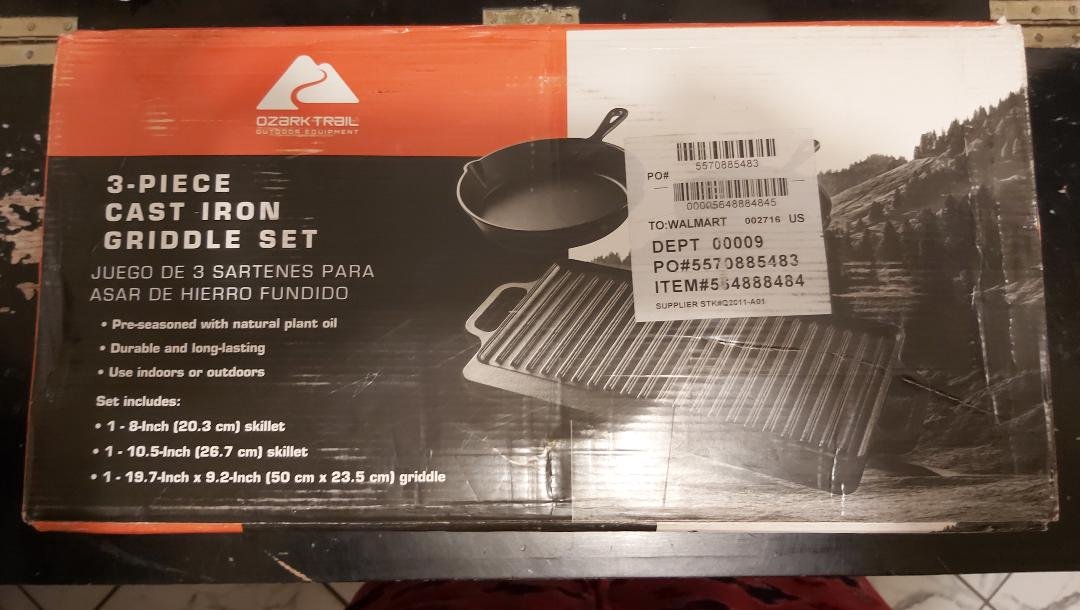 Ozark Trail 3 Piece Cast Iron Skillet Set with Reversible Griddle!