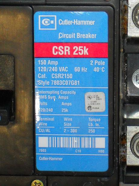 Cutler-Hammer Type CSR 25K Circuit Breaker CSR2150, 2 Pole 150 Amp 240V ...