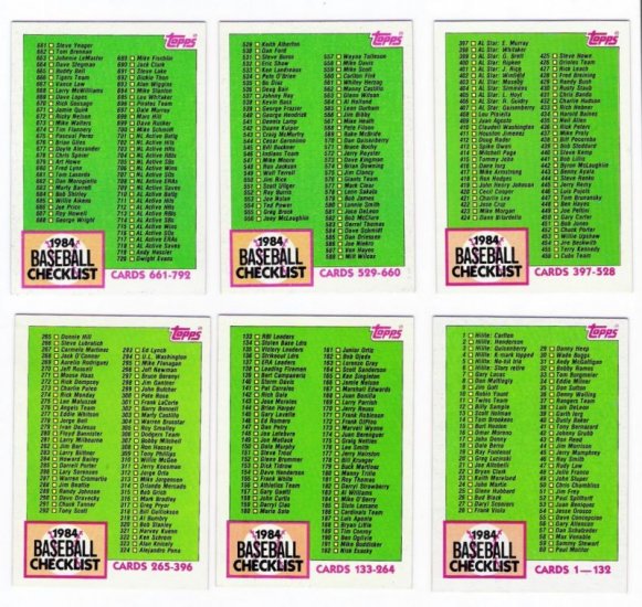 1984 Topps Unmarked Checklist Set-6 Cards