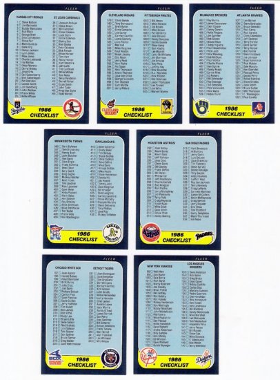 1986 Fleer Unmarked Checklist Set-7 Cards