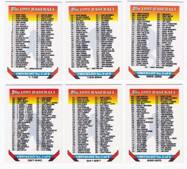 1993 Topps Unmarked Checklist Set-6 Cards