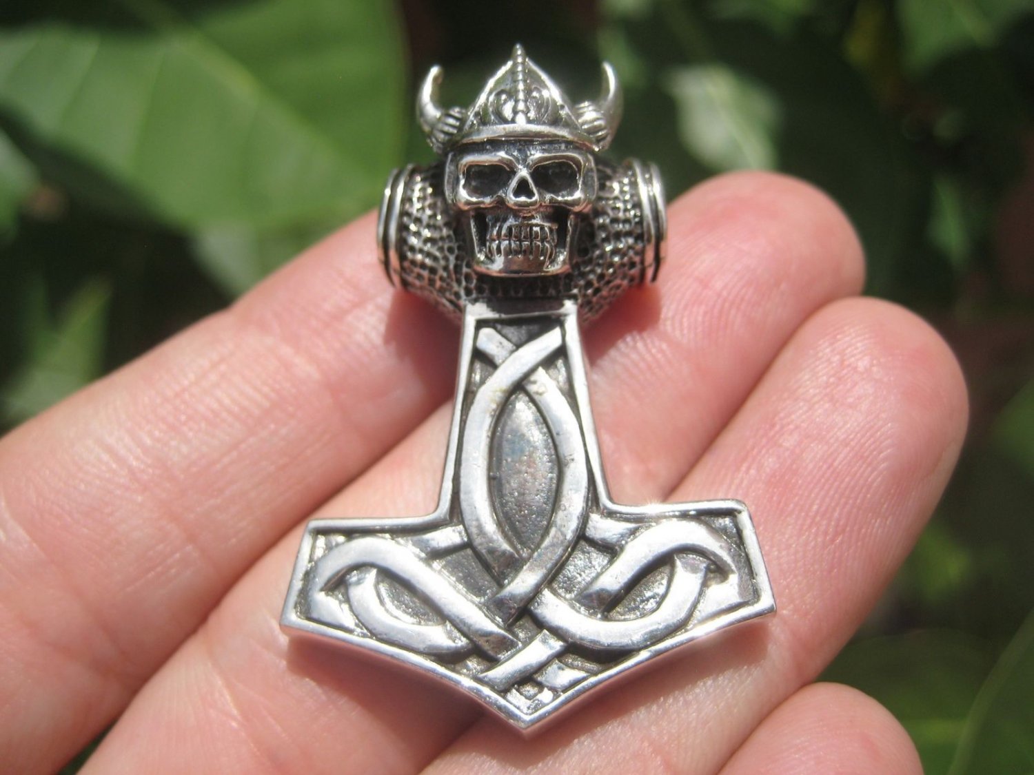 925 Silver Viking Skull Helmet Mjolnir Mjolhner Hammer of Thor Pendant A21