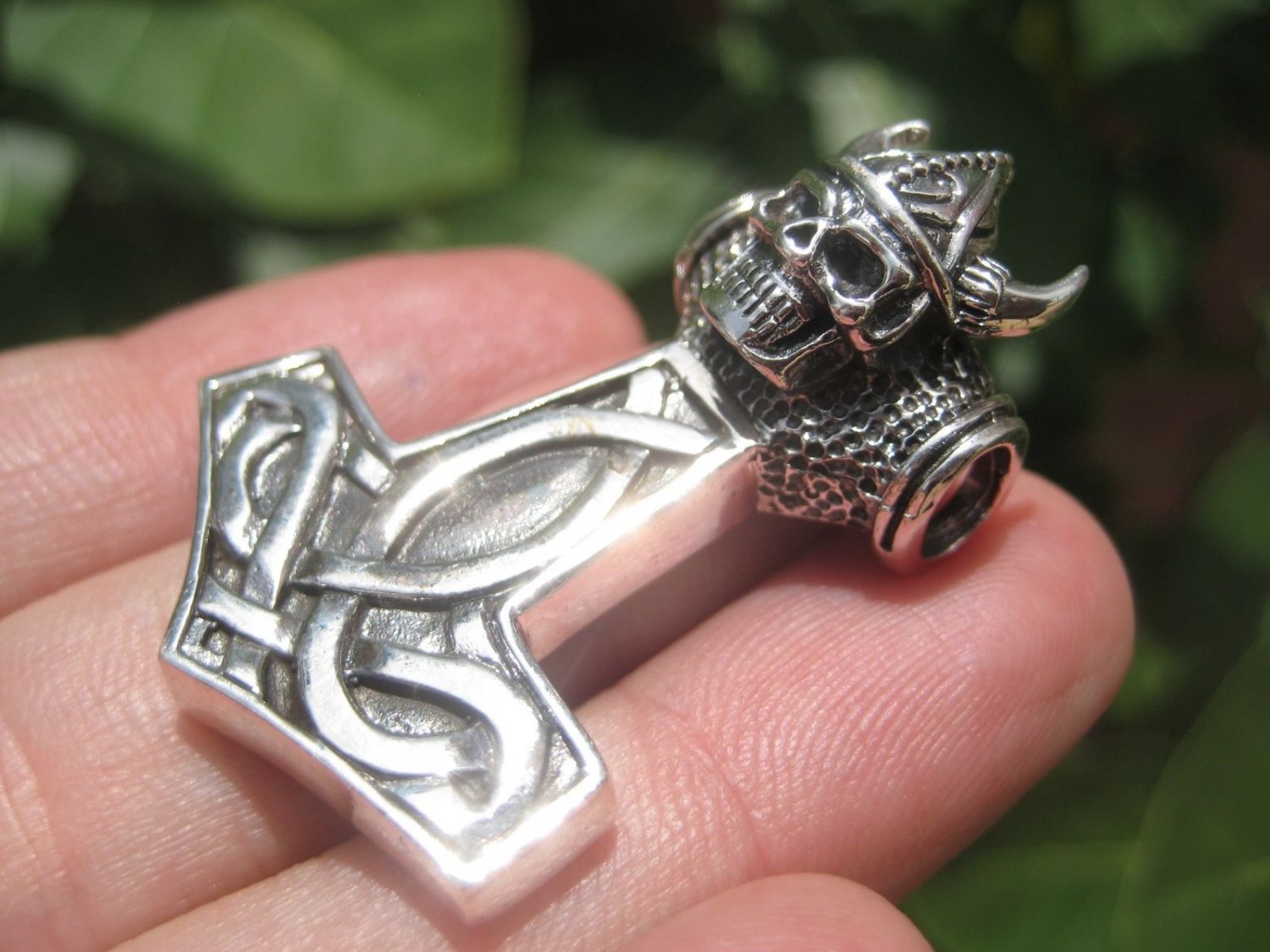 925 Silver Viking Skull Helmet Mjolnir Mjolhner Hammer of Thor Pendant A21