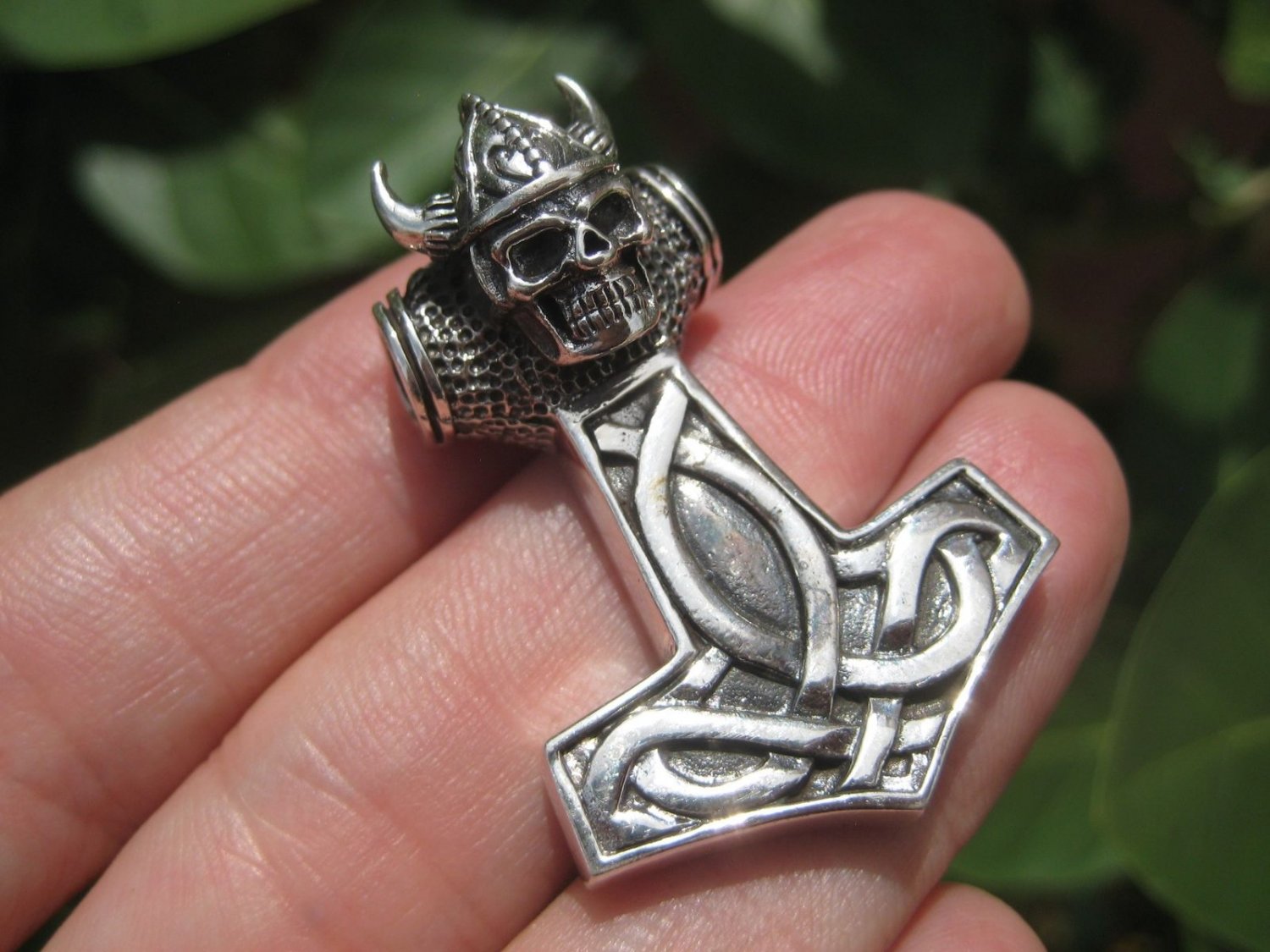 925 Silver Viking Skull Helmet Mjolnir Mjolhner Hammer of Thor Pendant A21