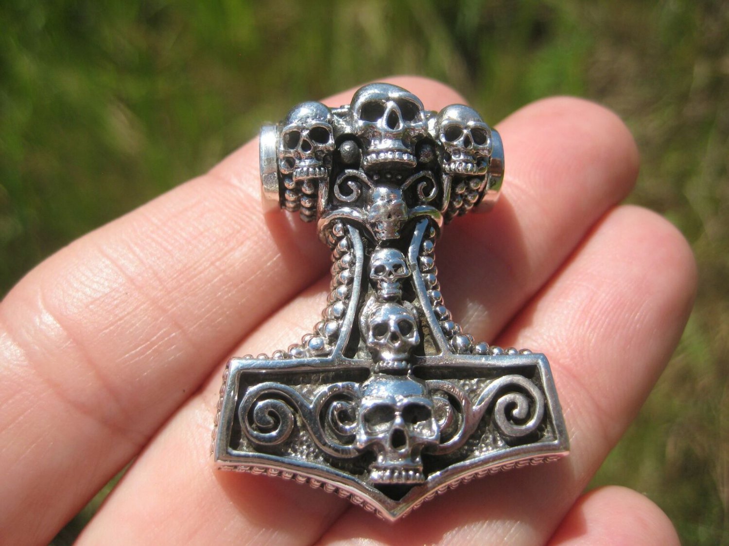 925 Silver Viking Mjolnir Mjolhner Skull Hammer of Thor Pendant A33