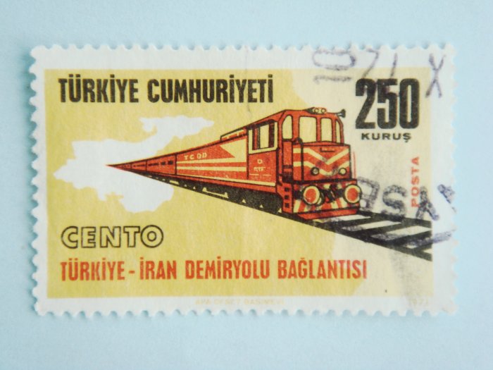 250 kurus Turkish Postage Stamp with Turkey-Iran Railroad Line as subject