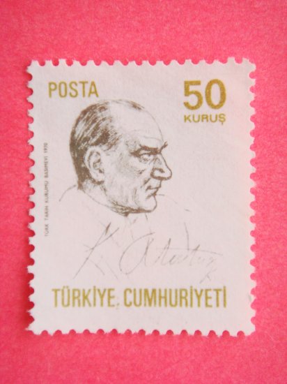50 kurus Turkish Postage Stamp in white with Mustafa Kemal Ataturk on it
