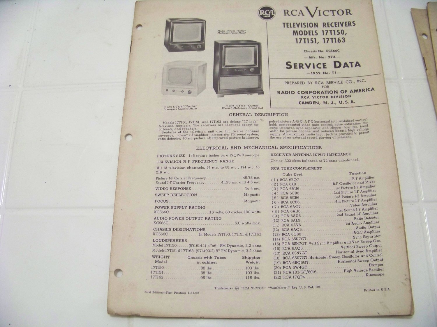 RCA Victor service data 1952 no.T1 television receivers vintage electronics
