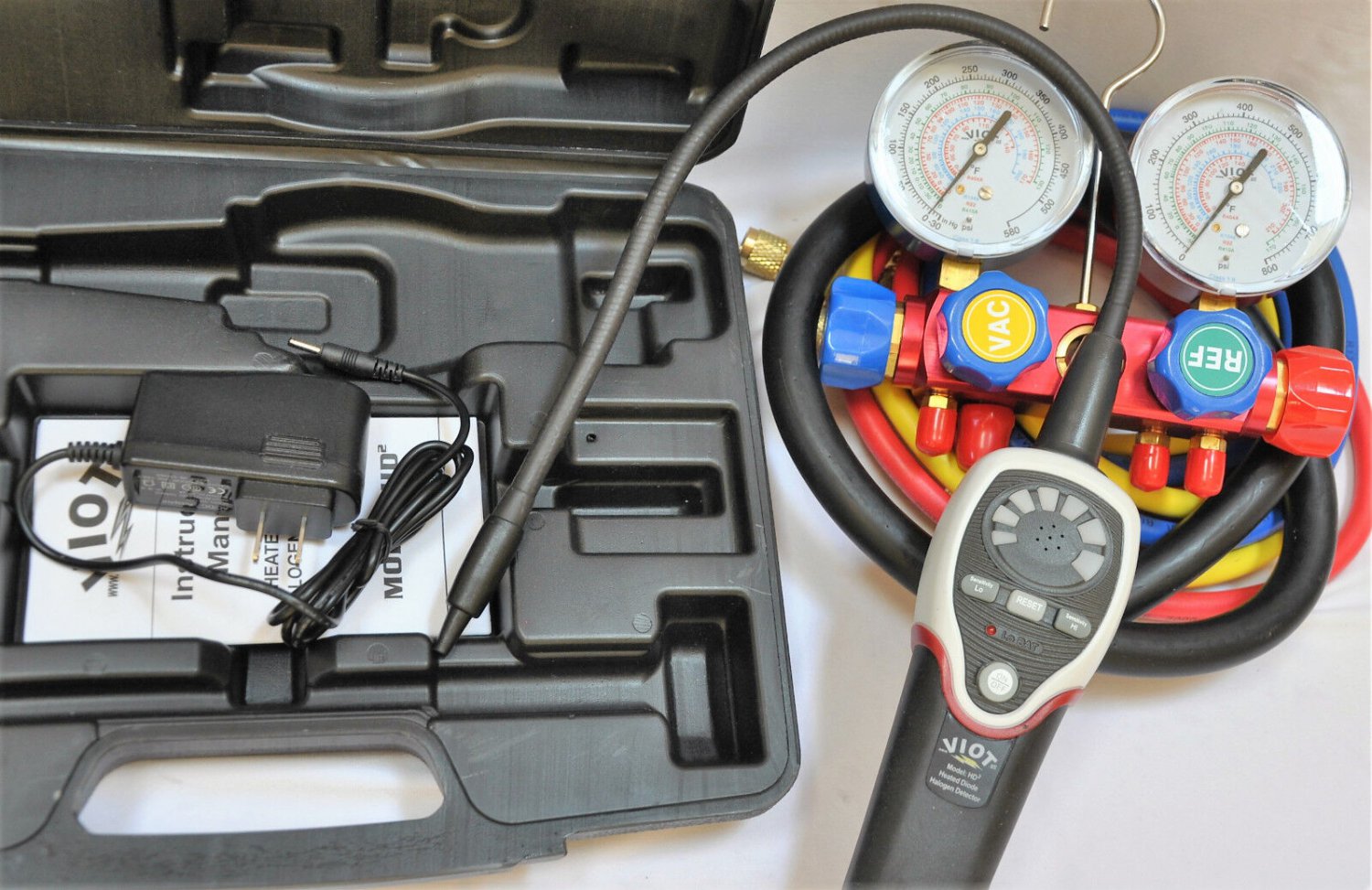 HVAC Tool Kit:4Way Maifold Gauge R410a+hose set+Heated Refrigerant Leak ...