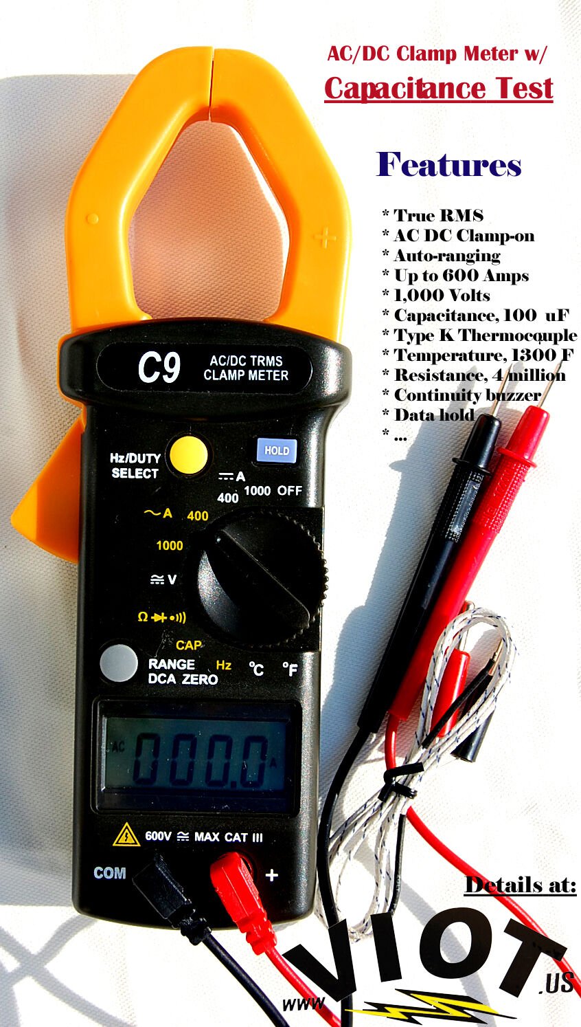 TRMS AC DC Clamp Meter Ammeter Digital Multimeter+Capacitor Tester HVAC ...