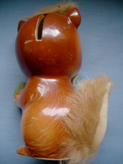 Vintage Ceramic Squirrel Bank W/ Fur on tail and head