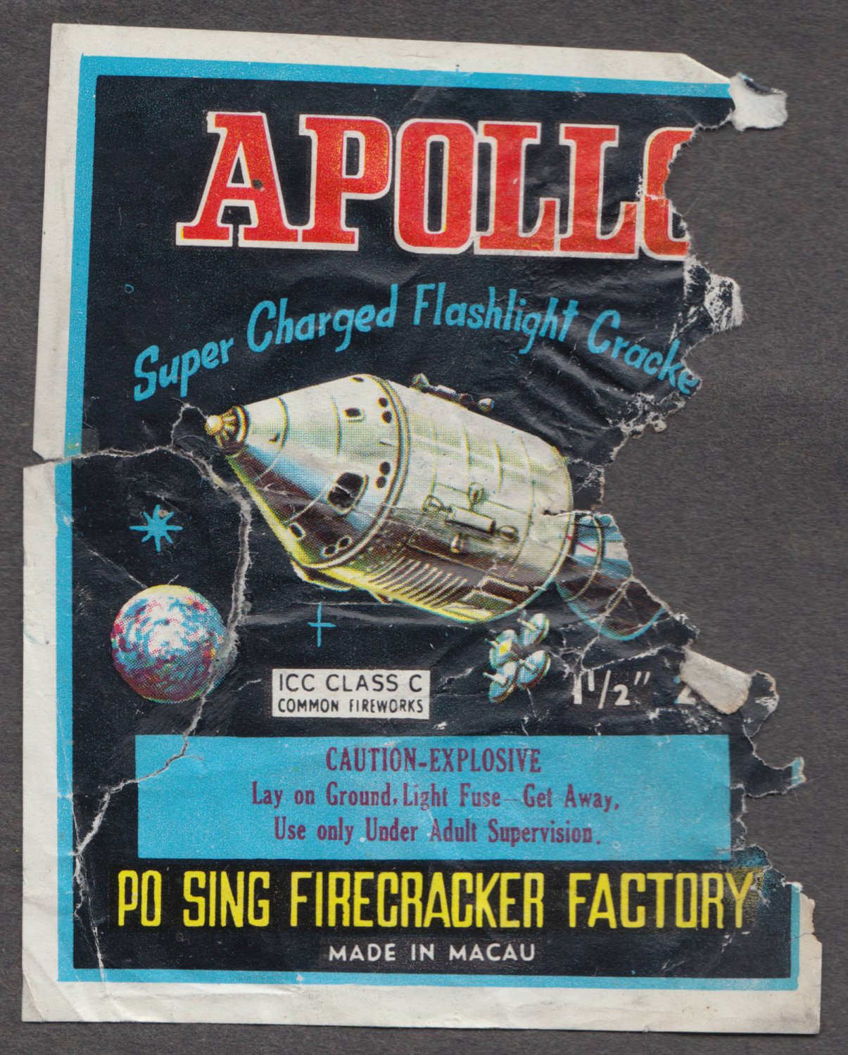 APOLLO FIRECRACKER LABEL ICC CLASS C 20 MACAU VINTAGE 1960'S DAMAGED RARE
